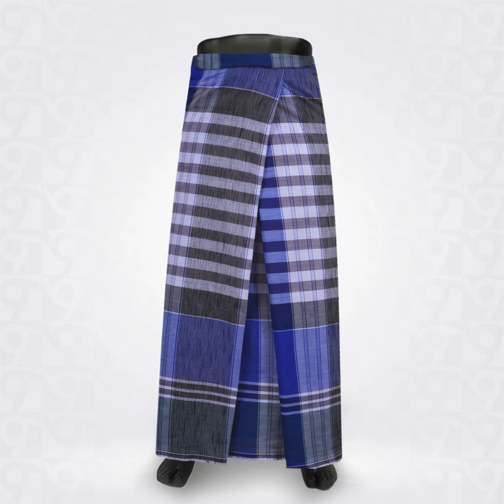 999-Handloom Lungi-Gulf Blue Charcoal Grey White Cotton Sarong-052A